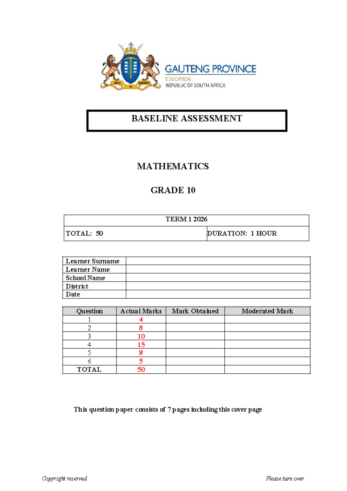 2026 Baseline Assessment: Grade 10 Mathematics Test - Studocu