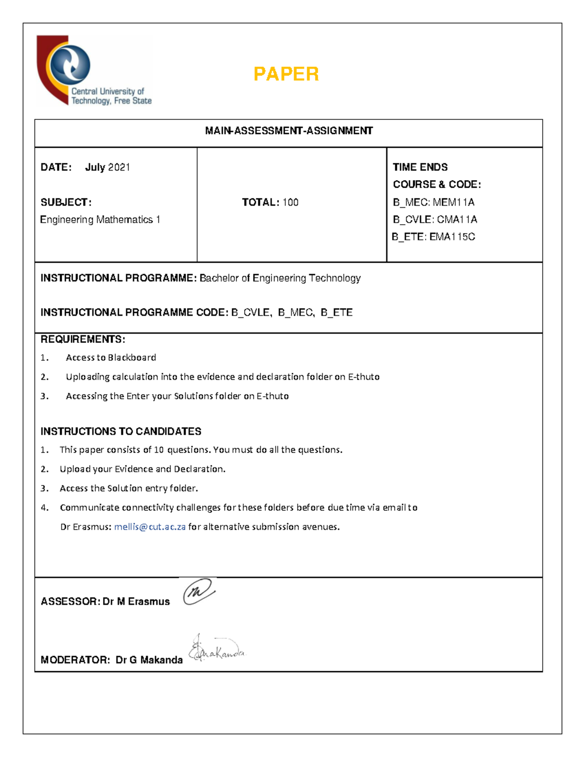 MAIN ASSESSMENT ASSIGNMENT - Engineering Mathematics 1 - Studocu