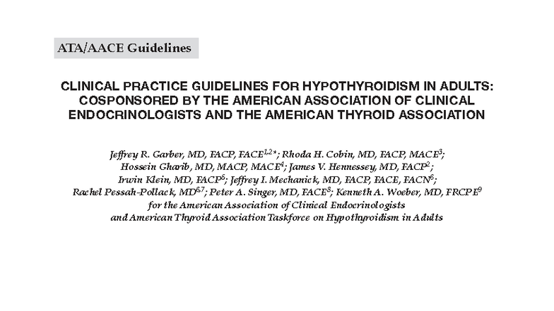 CPGs for Hypothyroidism in Adults: AACE & ATA Guidelines - Studocu
