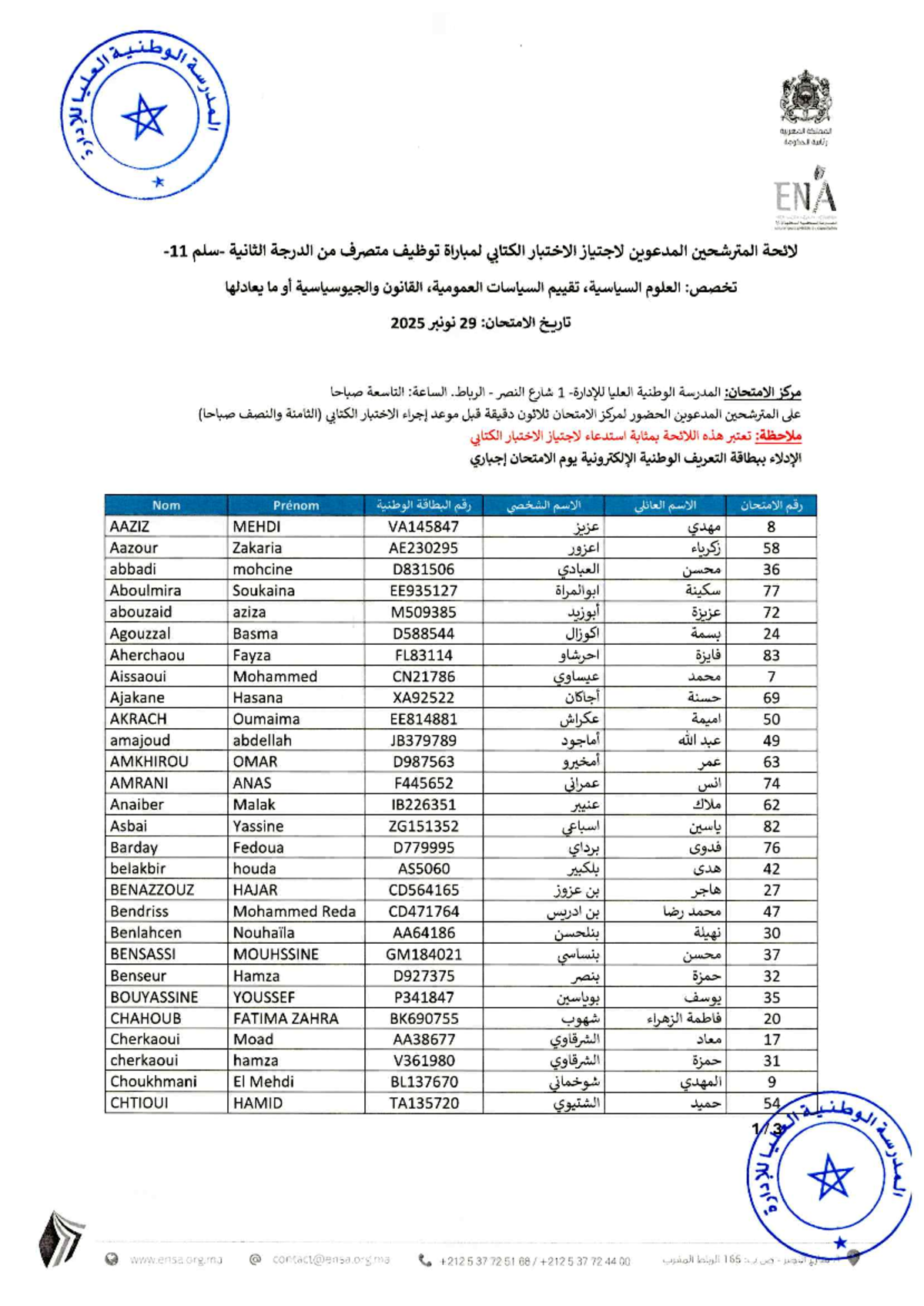 لائحة المترشحين المقبولين لاجتياز الاختبار الكتابي - Krice dujseal ...