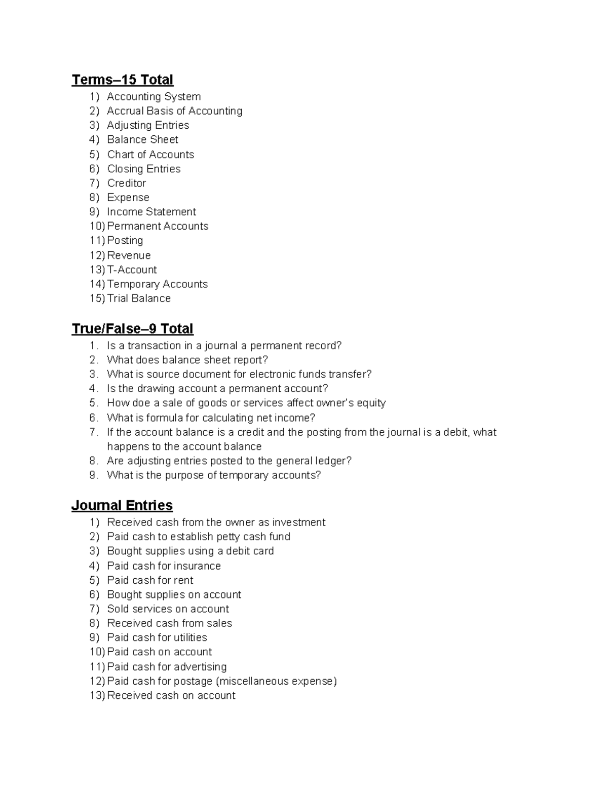 Accounting I-Unit 1 Test A Review - Terms–15 Total 1) Accounting System ...