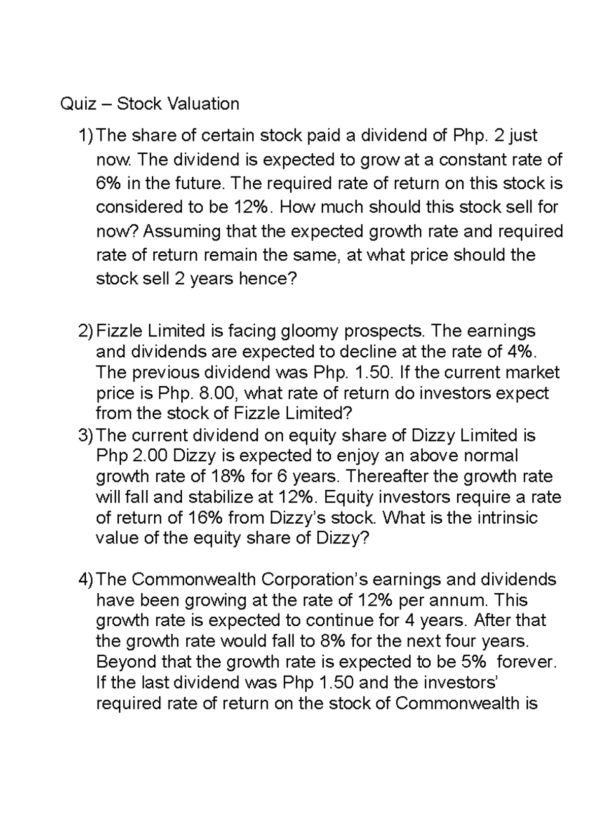 Quiz: Financial Markets Stock Valuation (FM 101) - Studocu