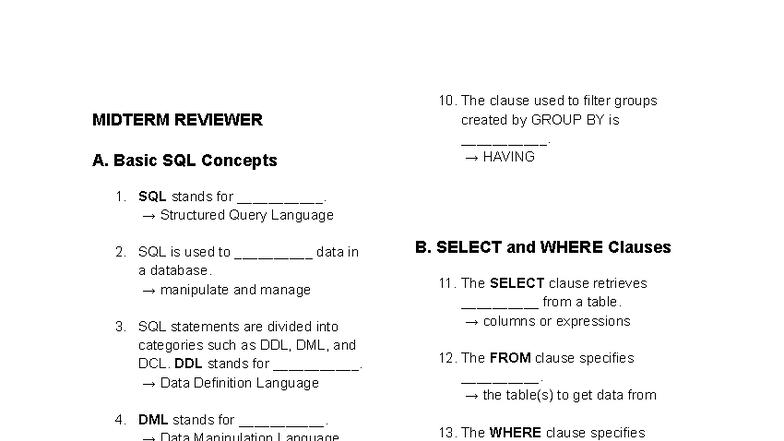 MIDTERM REVIEWER: Basic SQL Concepts and Functions (IMGT) - Studocu