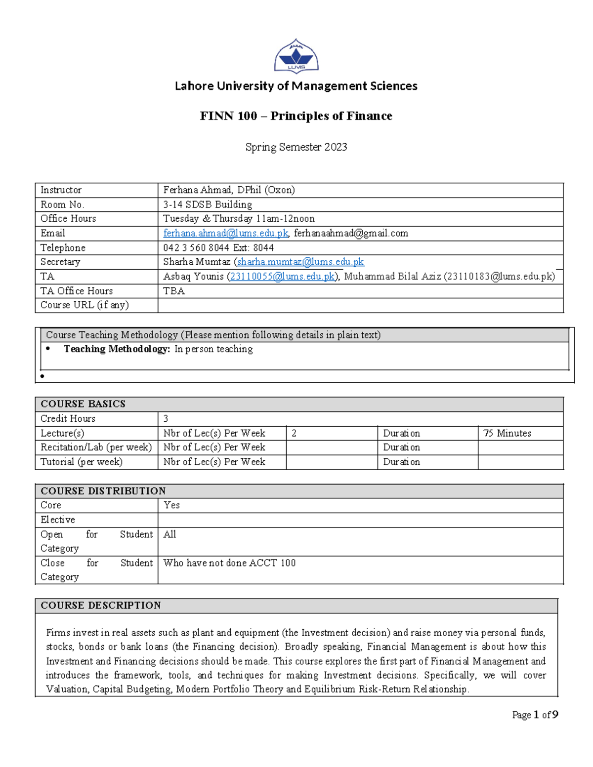 LUMS FINN 100 Principles of Finance Course Outline Spring 2023 - Studocu