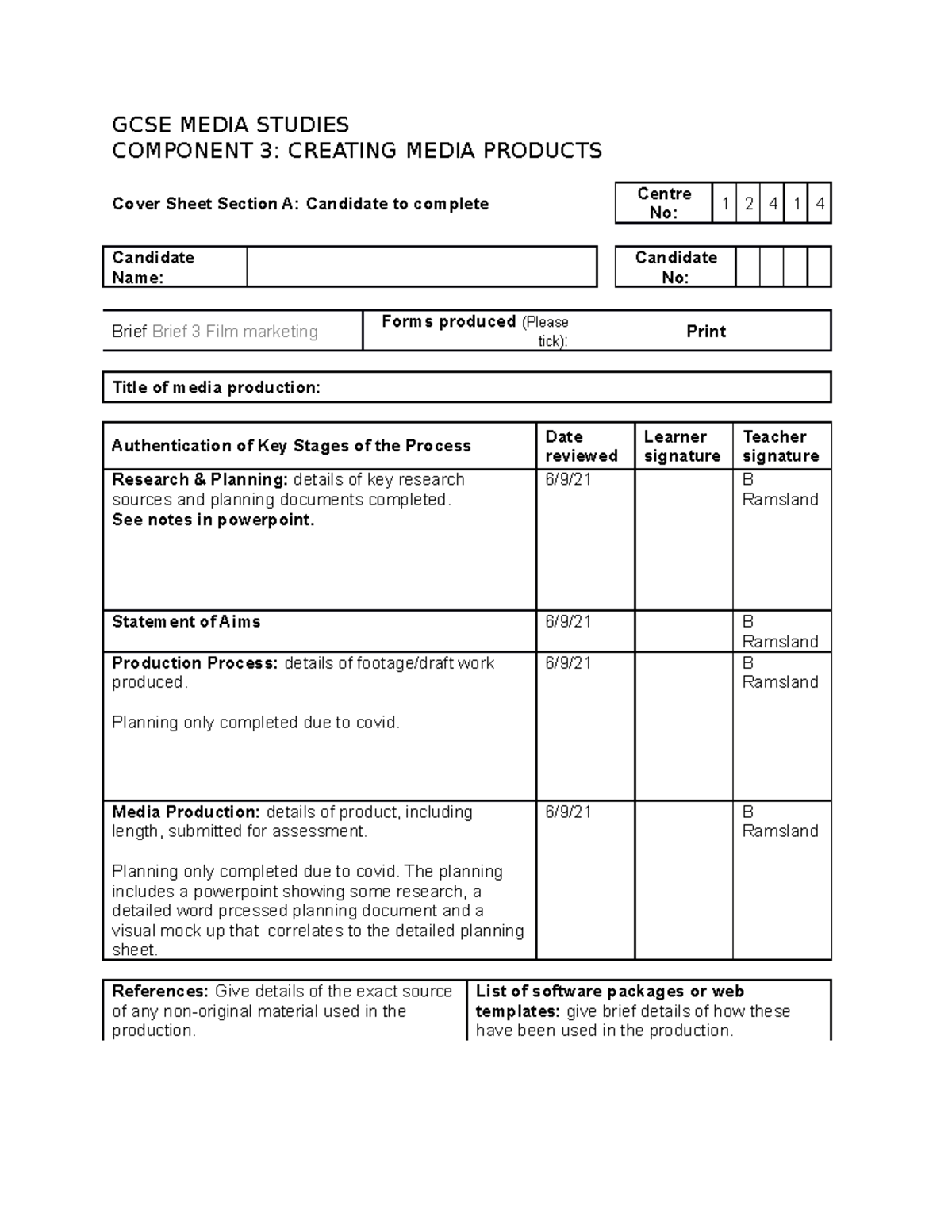 Shucayb coversheet - very good - GCSE MEDIA STUDIES COMPONENT 3: CREATING MEDIA PRODUCTS Cover ...