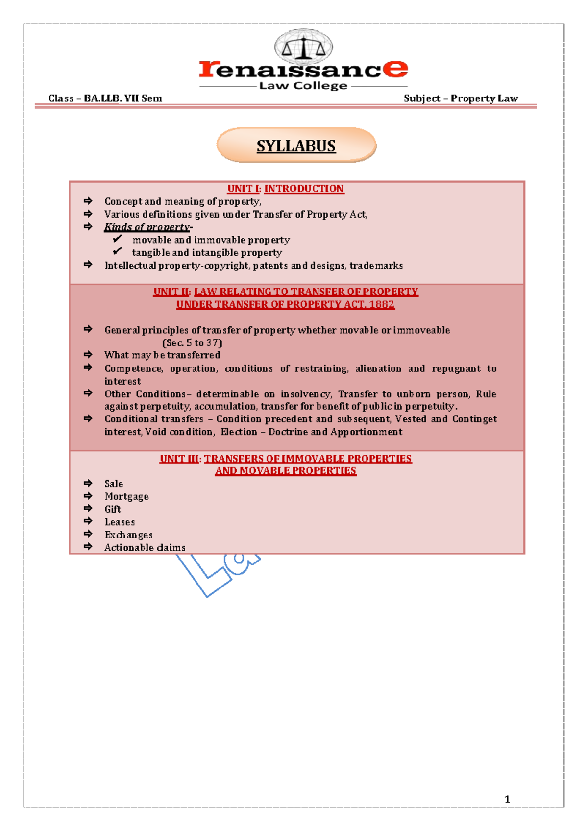 Transfer of property notes. - UNIT I: INTRODUCTION Concept and meaning ...