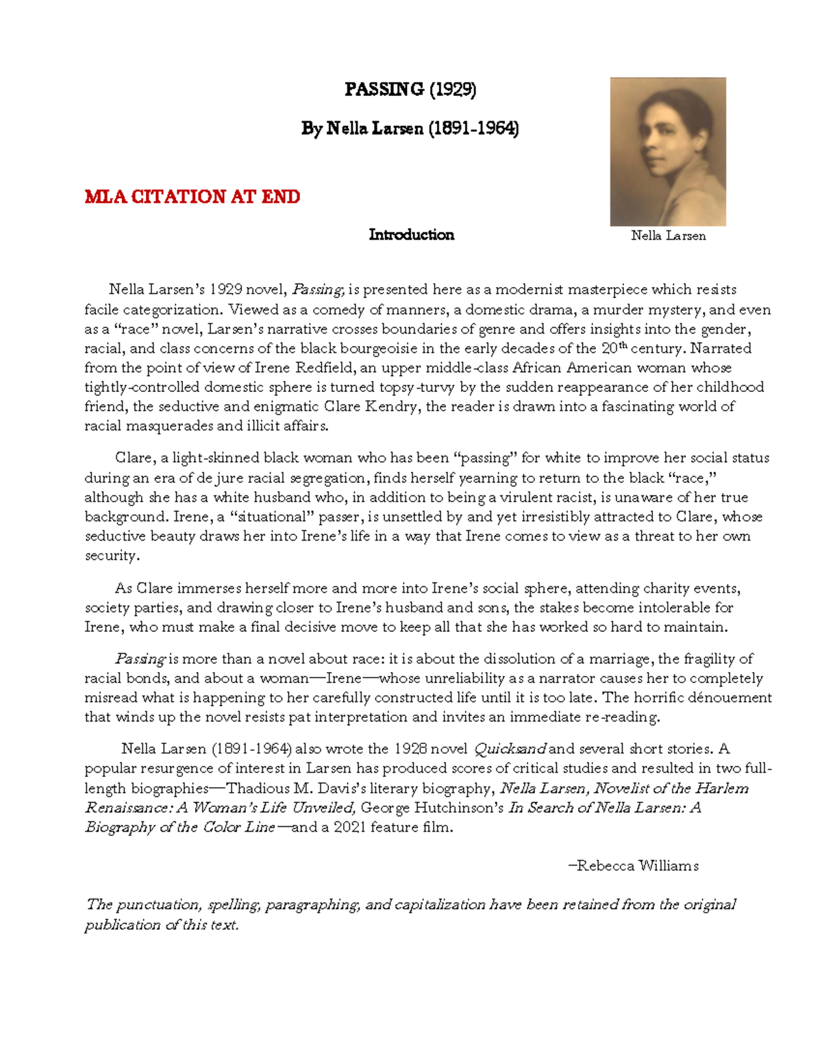 Passing by Nella Larsen 1929 With MLA 9th Edition Citation - MLA ...