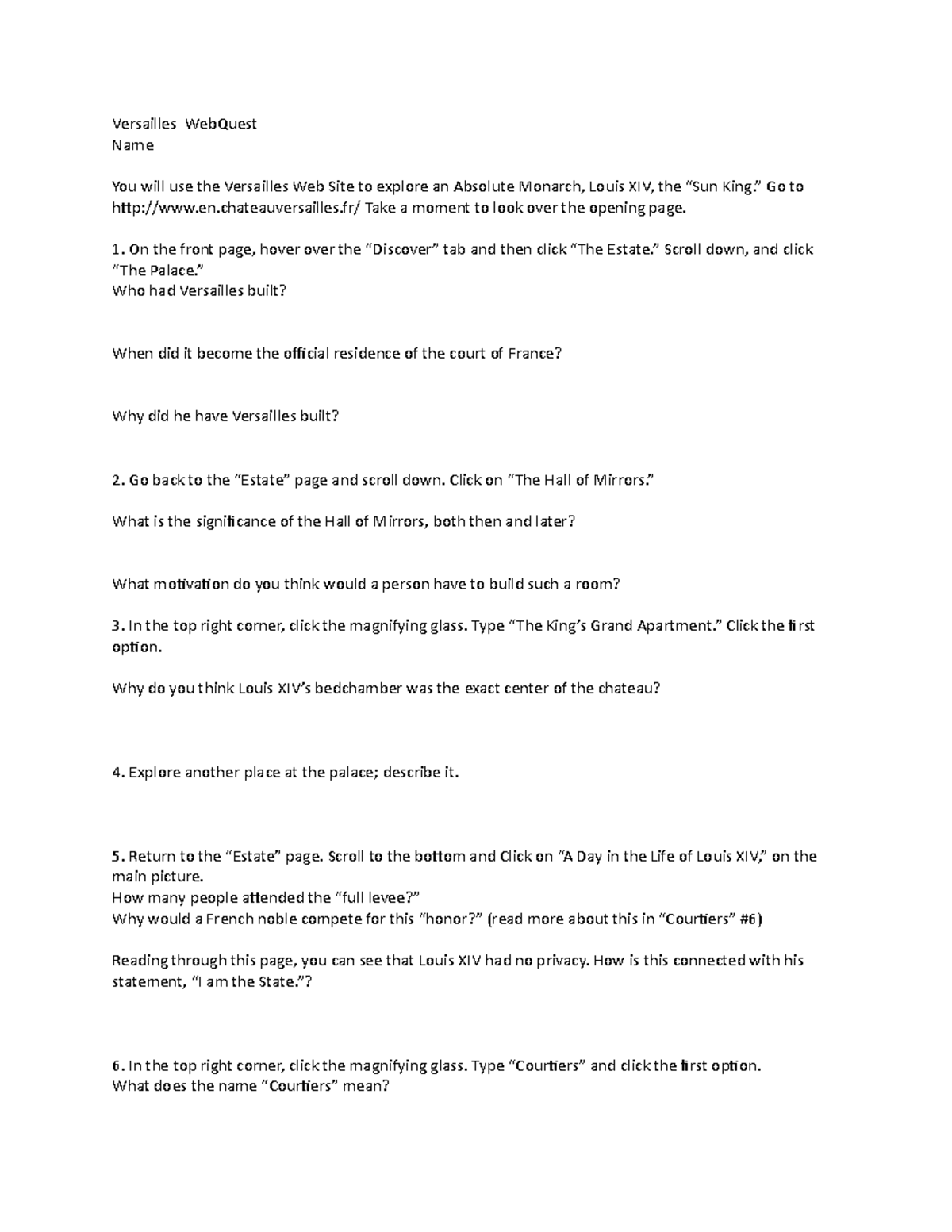 Versailles Web Quest - Versailles WebQuest Name You will use the ...
