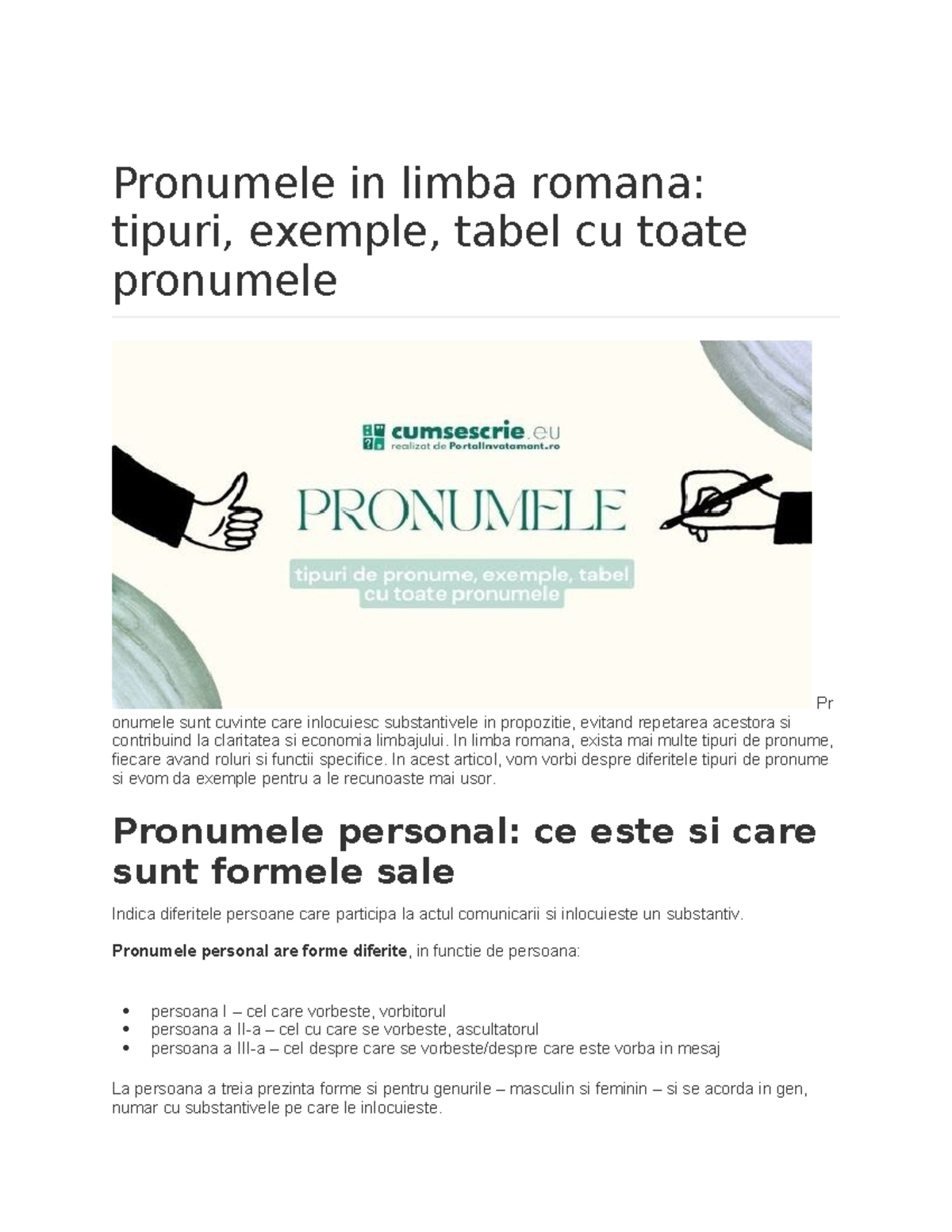 Tipuri de Pronume în Limba Română: Exemple și Tabel Comprehensiv - Studocu