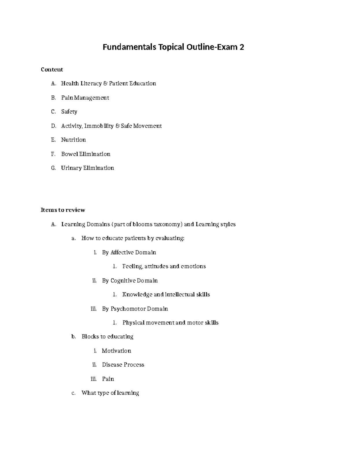 Fundamentals Exam 2 Topical Outline: Health & Patient Care Insights ...