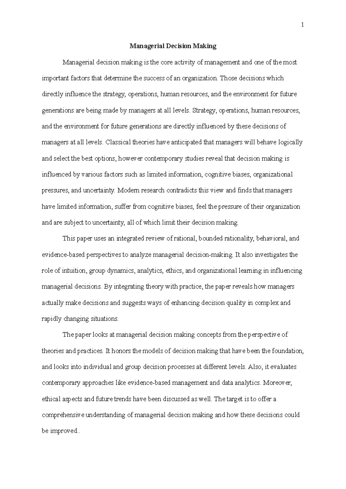 Managerial Decision Making: Insights and Theories (MGT 101) - Studocu
