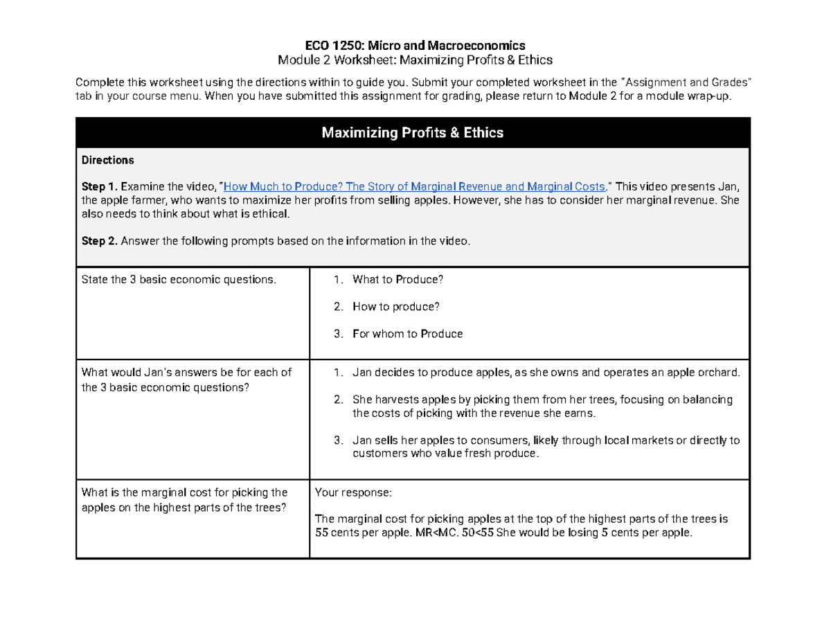 ECO 1250: Module 2 Worksheet on Maximizing Profits and Ethics - Studocu