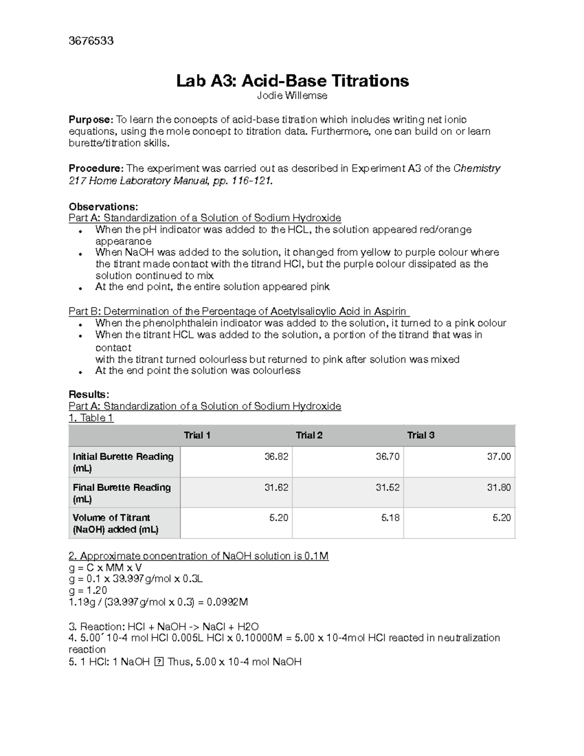 Lab A3: Acid-Base Titration Experiment - Chemistry 217 - Studocu