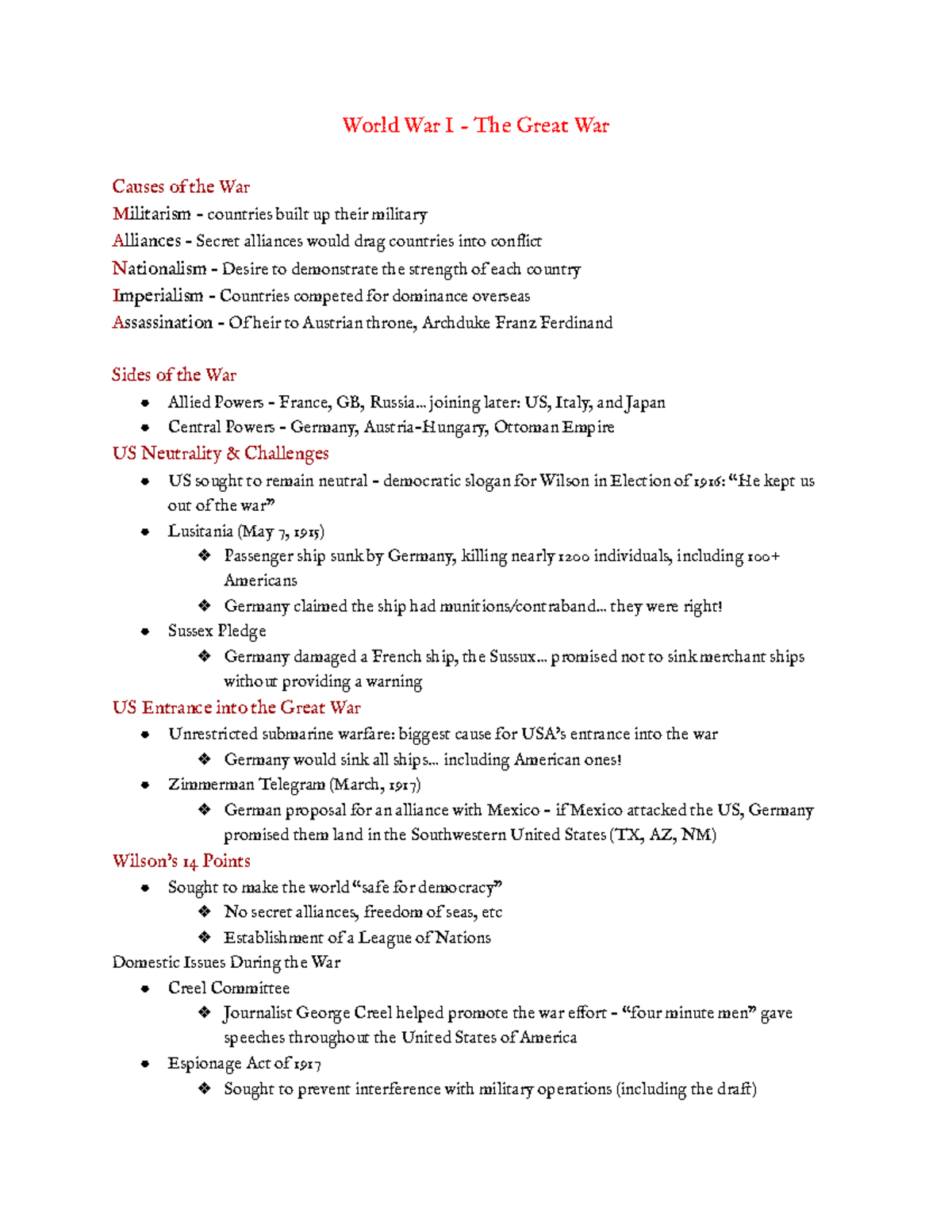 APUSH Notes - WWI Overview: Causes, Sides, and US Involvement - Studocu