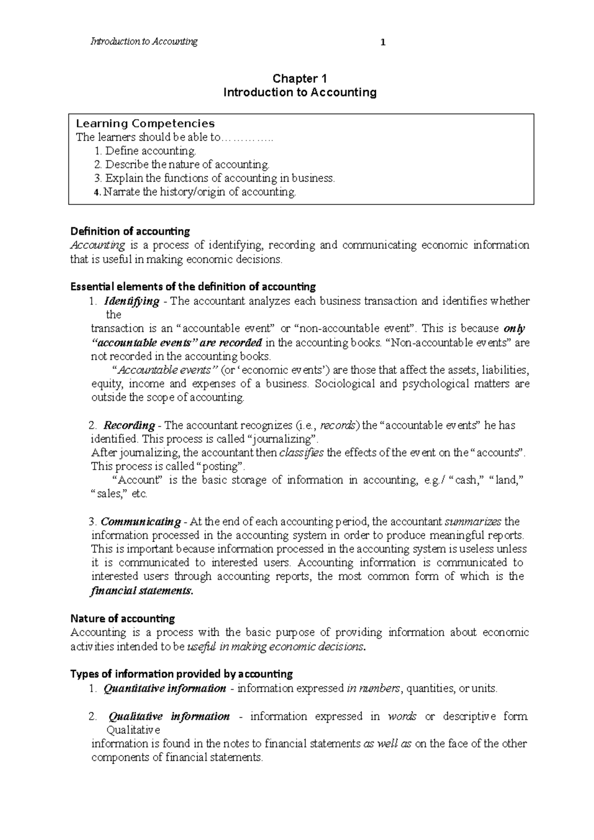 Chapter 1: Introduction to Accounting Concepts and Applications - Studocu