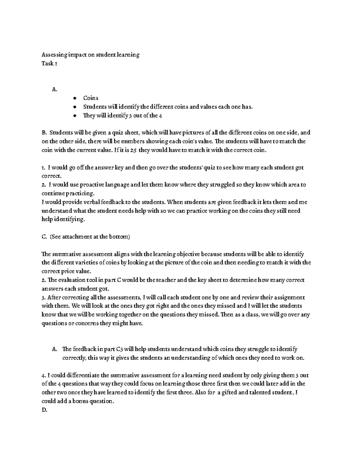Assessing Impact on Student Learning: Task 1 - Coin Identification Quiz ...
