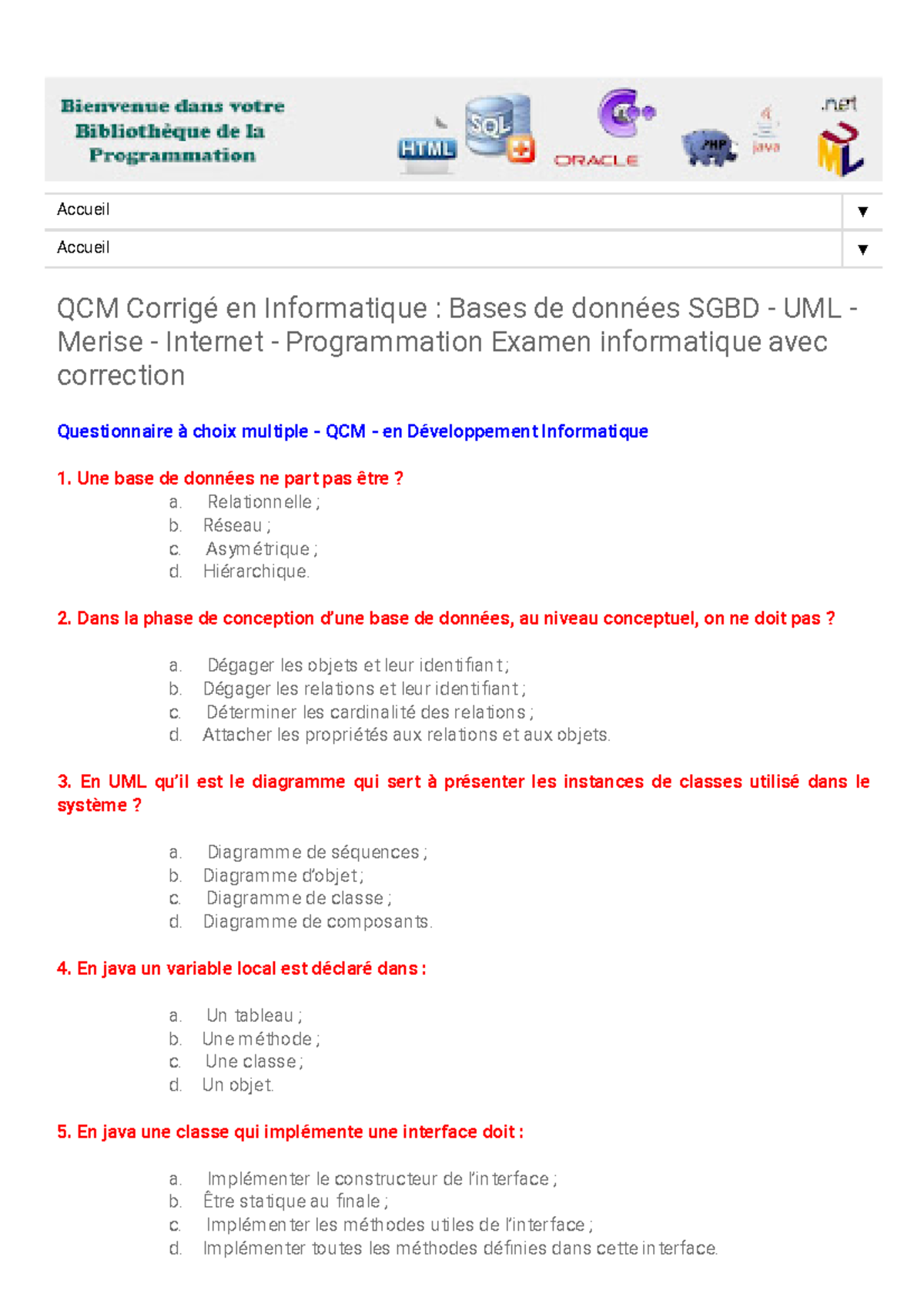QCM Développement Informatique - Correction SGBD, UML, Programmation - Studocu