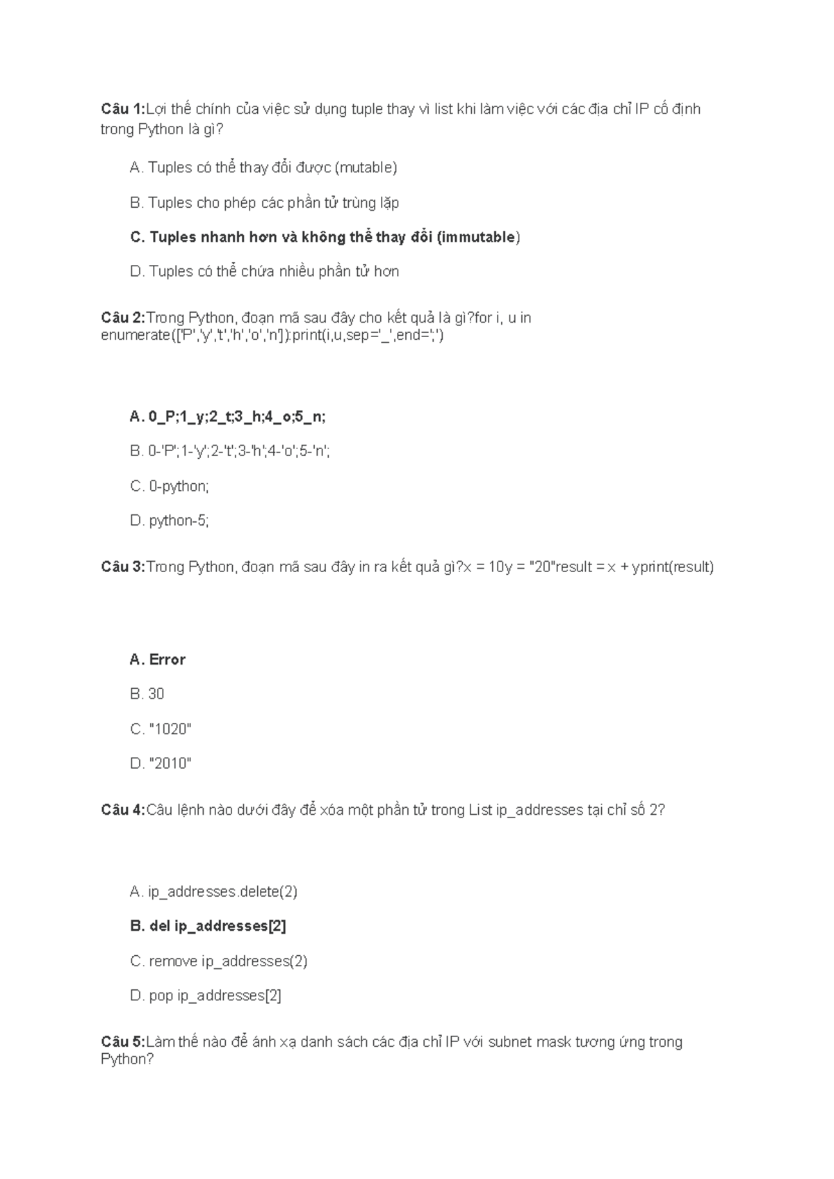 TN-Python - Trắc nghiệm về Tuple và List trong Python - Studocu