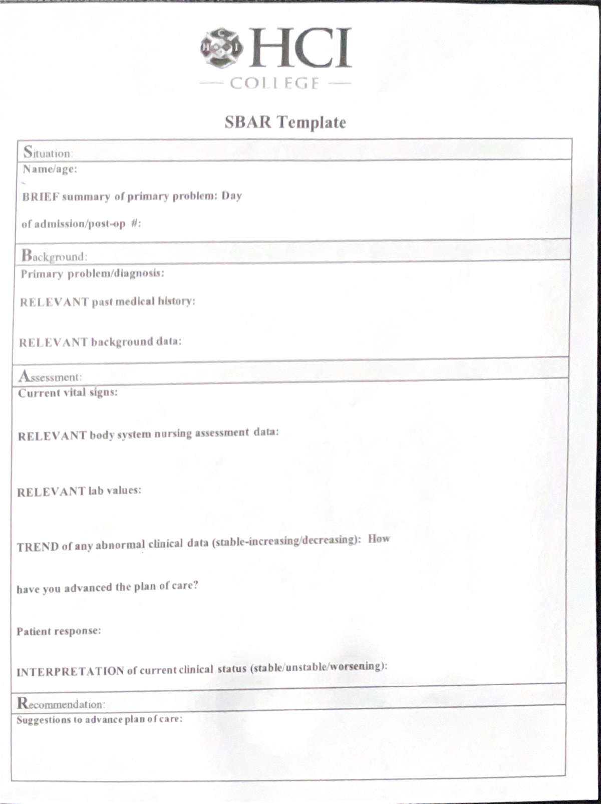 HCI COLLEGE Simple SBAR Template Overview & Guidelines - Studocu