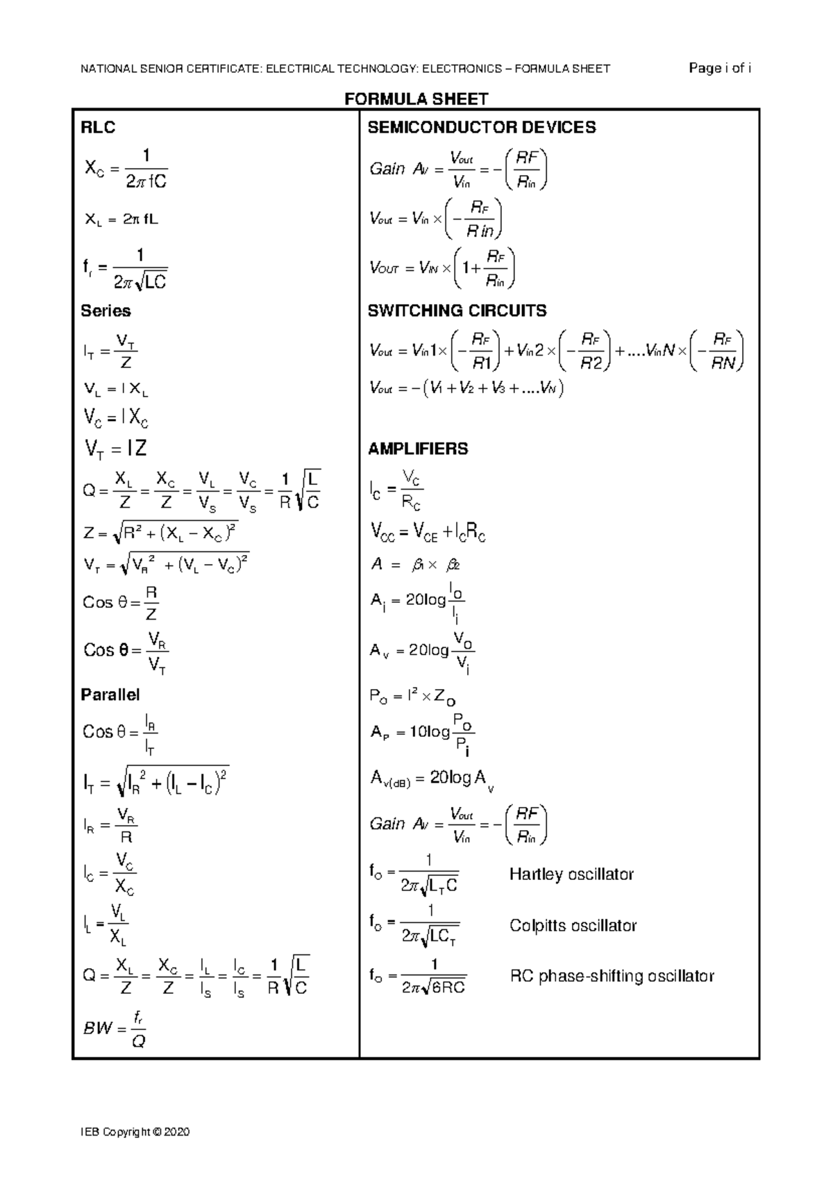 Electrical Technology Electronics Formula Sheet 2020: Key Concepts ...