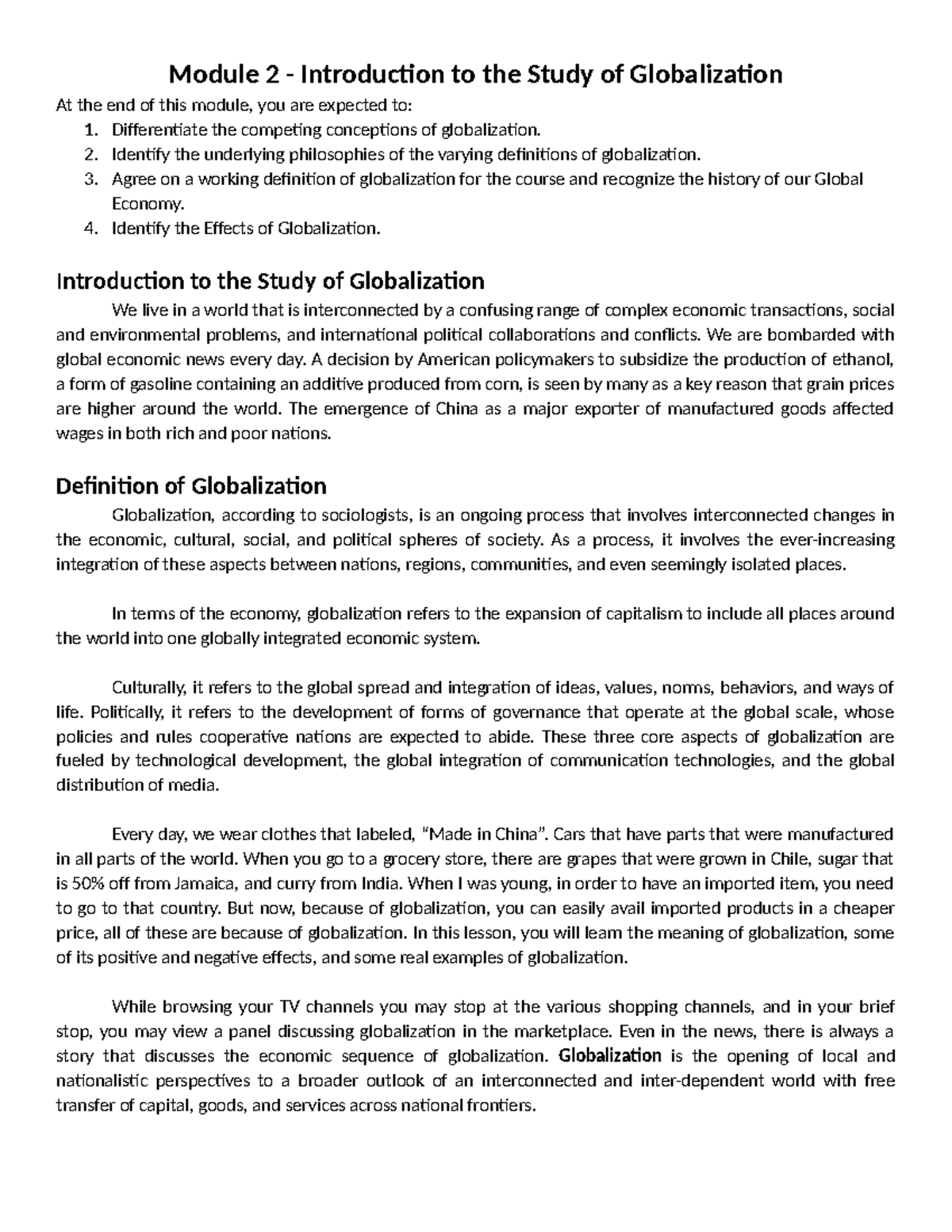 Week 2 - Overview of Globalization: Definitions, Effects, and History ...
