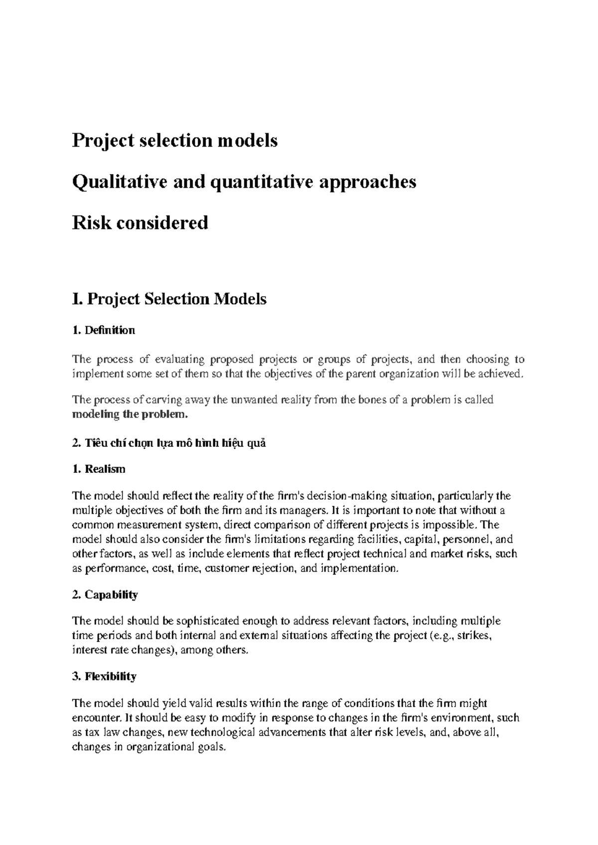 PM 101 - Chapter on Project Selection Models: Qualitative ...
