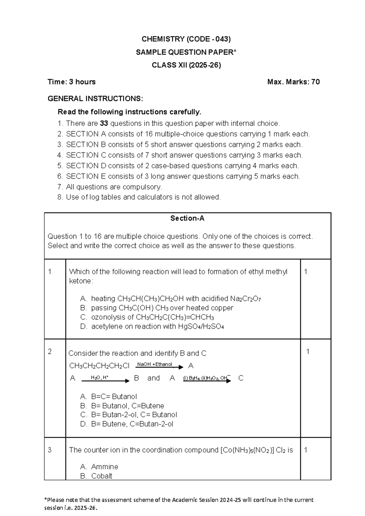 CHEMISTRY (CODE 043) CLASS XII SAMPLE QUESTION PAPER - Studocu