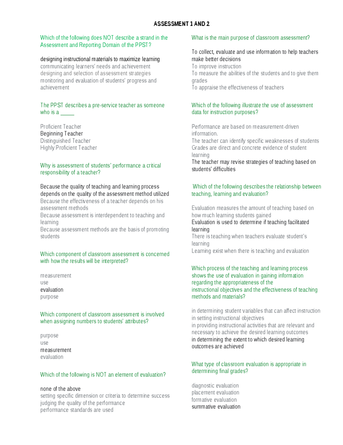 PPST Assessments 1 & 2: Review of Classroom Evaluation Concepts - Studocu