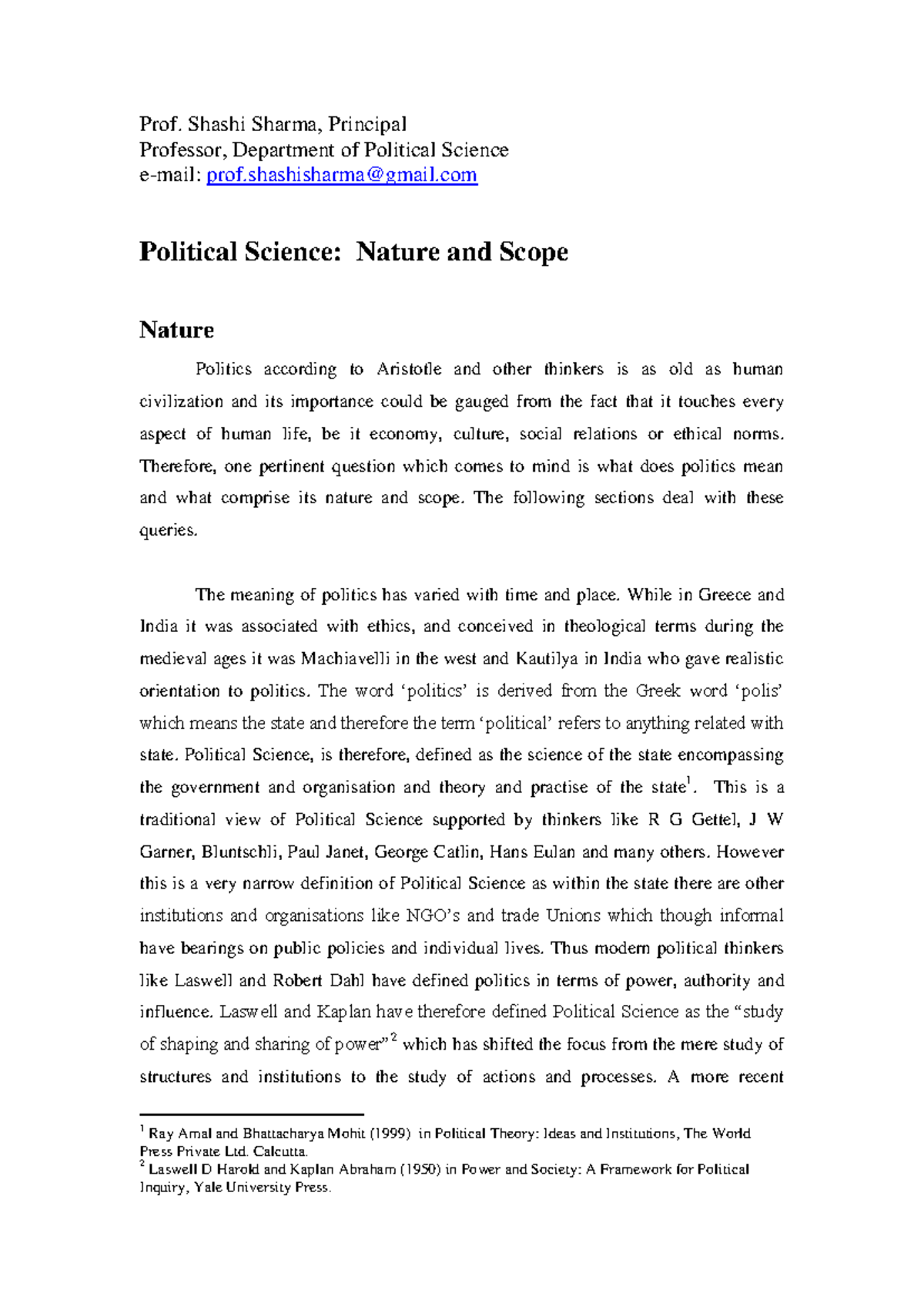 Nature Scope of Political Science - Prof. Shashi Sharma, Principal ...