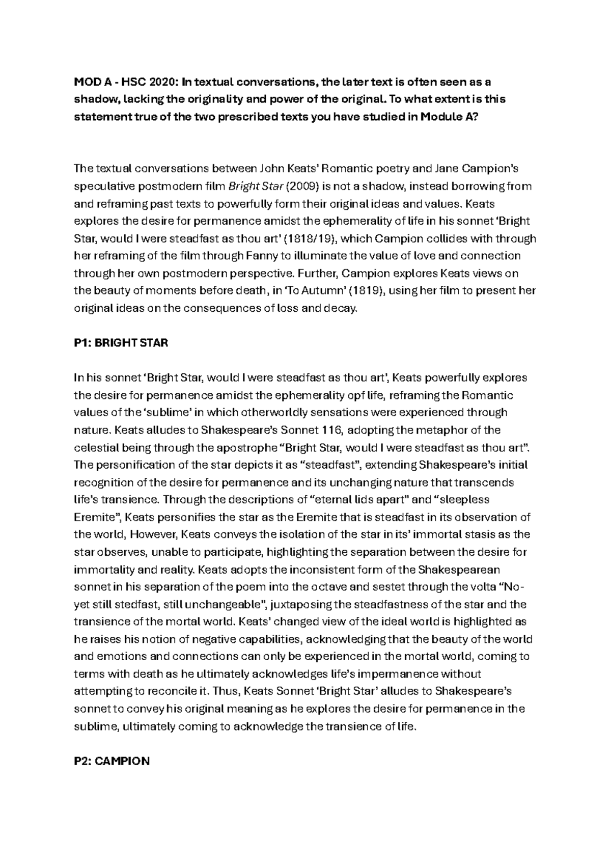 Mod A HSC 2020: Exploring Originality in Keats and Bright Star - Studocu