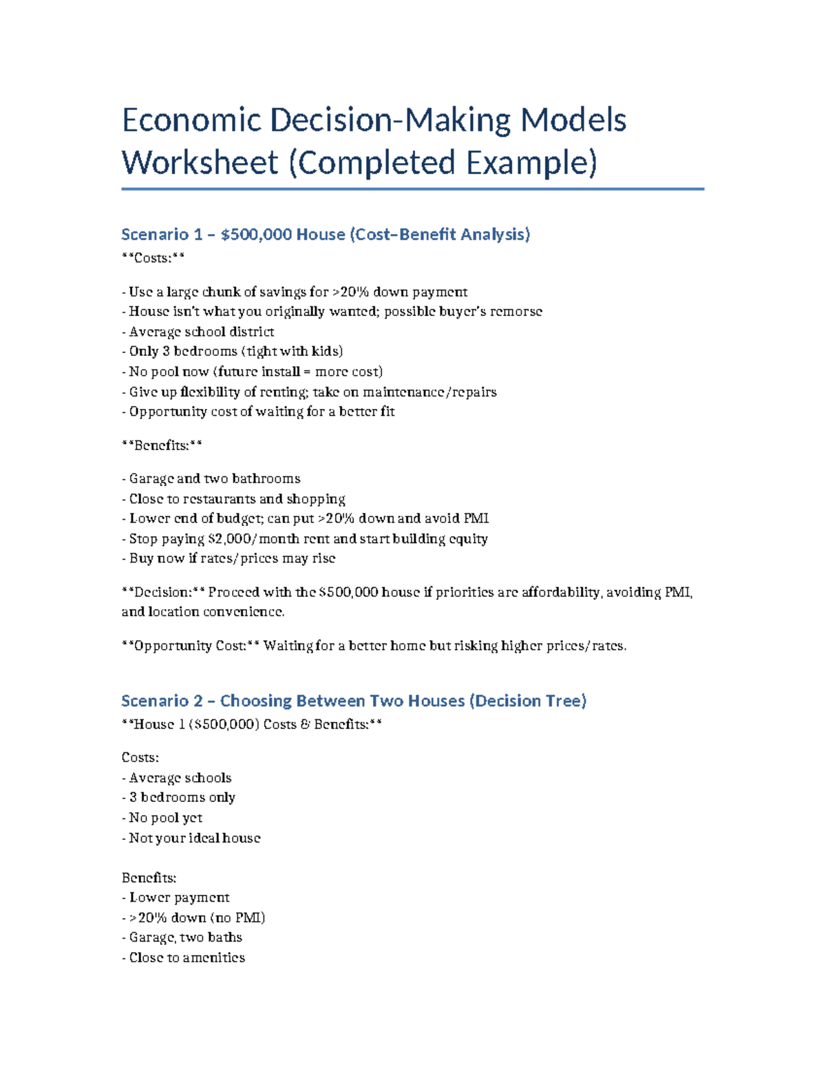 Economic Decision Making Worksheet: House Analysis & Lunch Choices ...