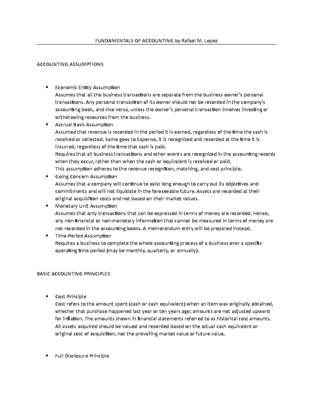 Fundamentals of Accounting (ACCT101) - Key Assumptions Explained - Studocu