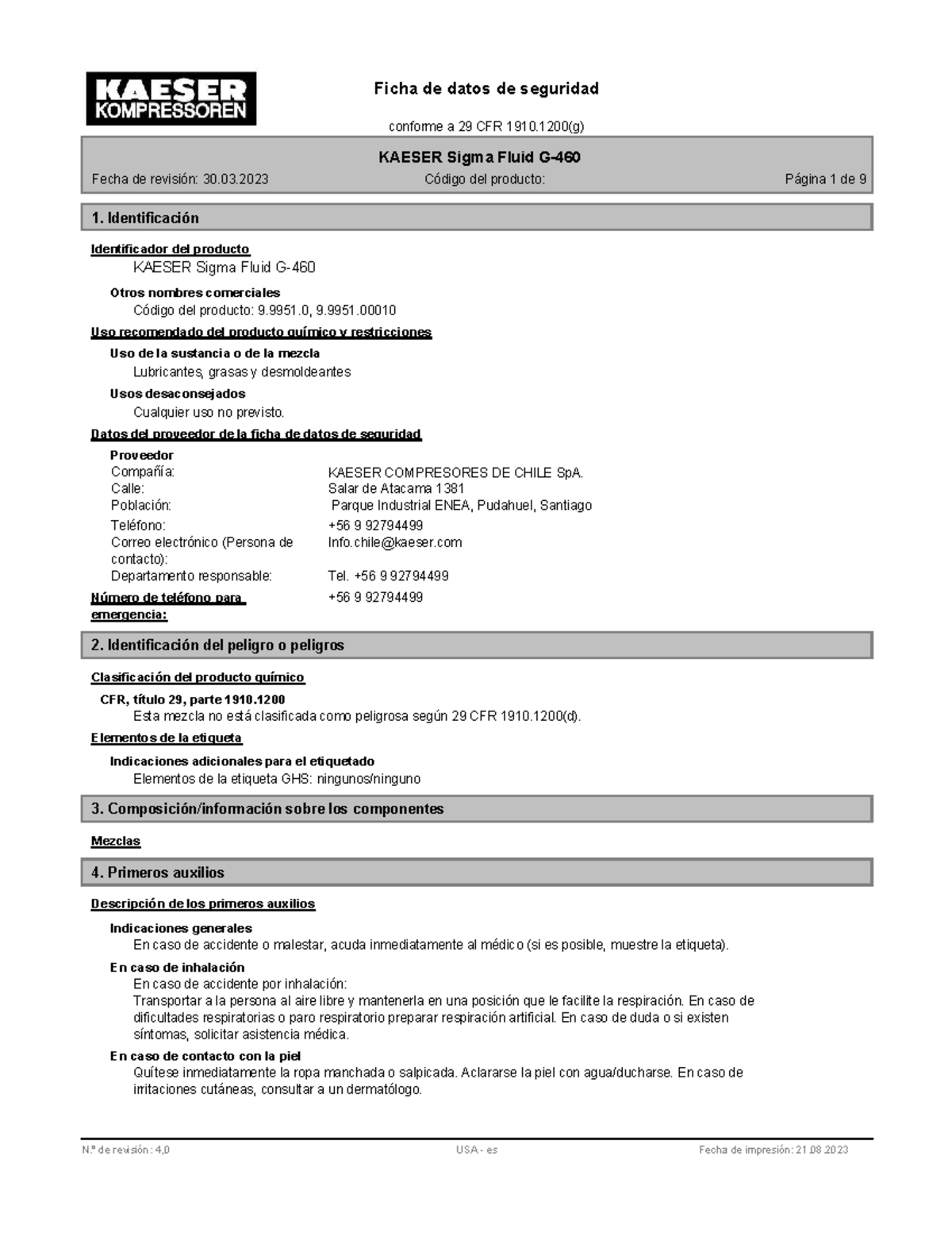 HDS Sigma Fluid G-460 - Ficha de Datos de Seguridad conforme a 29 CFR ...