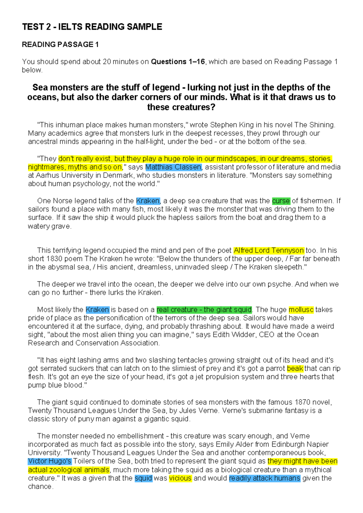 IELTS Reading Sample Test 2: Sea Monsters and Atomic Predictions - Studocu