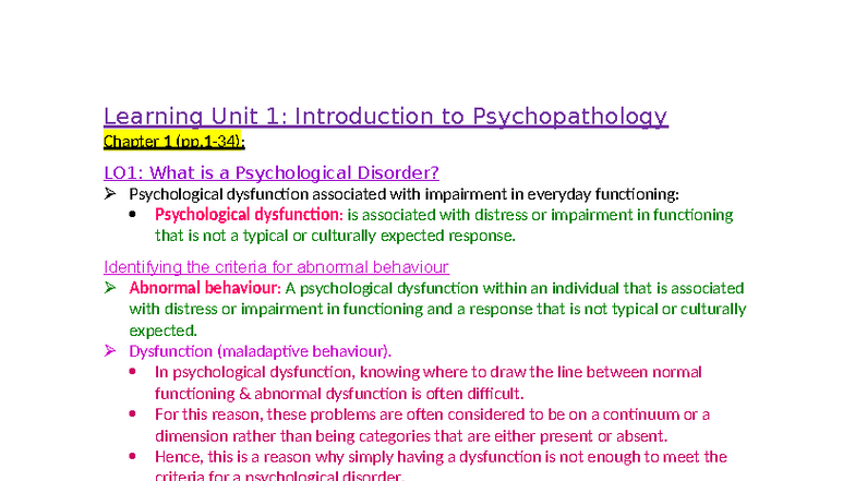 PSYC7322 - LU1: Intro to Psychopathology & Abnormal Behavior Criteria ...
