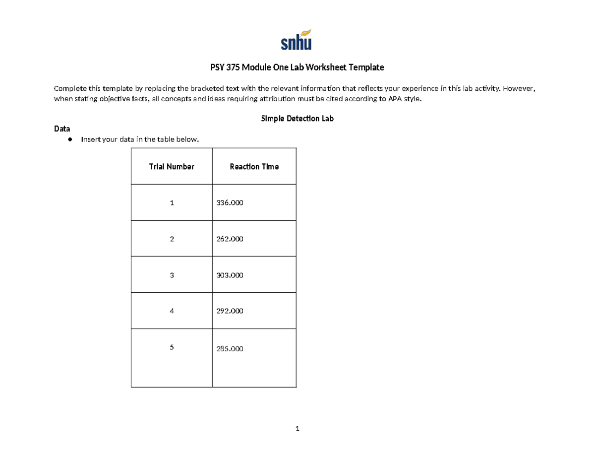 PSY 375 Module One Lab Worksheet: Simple Detection & Visual Search Tasks - Studocu