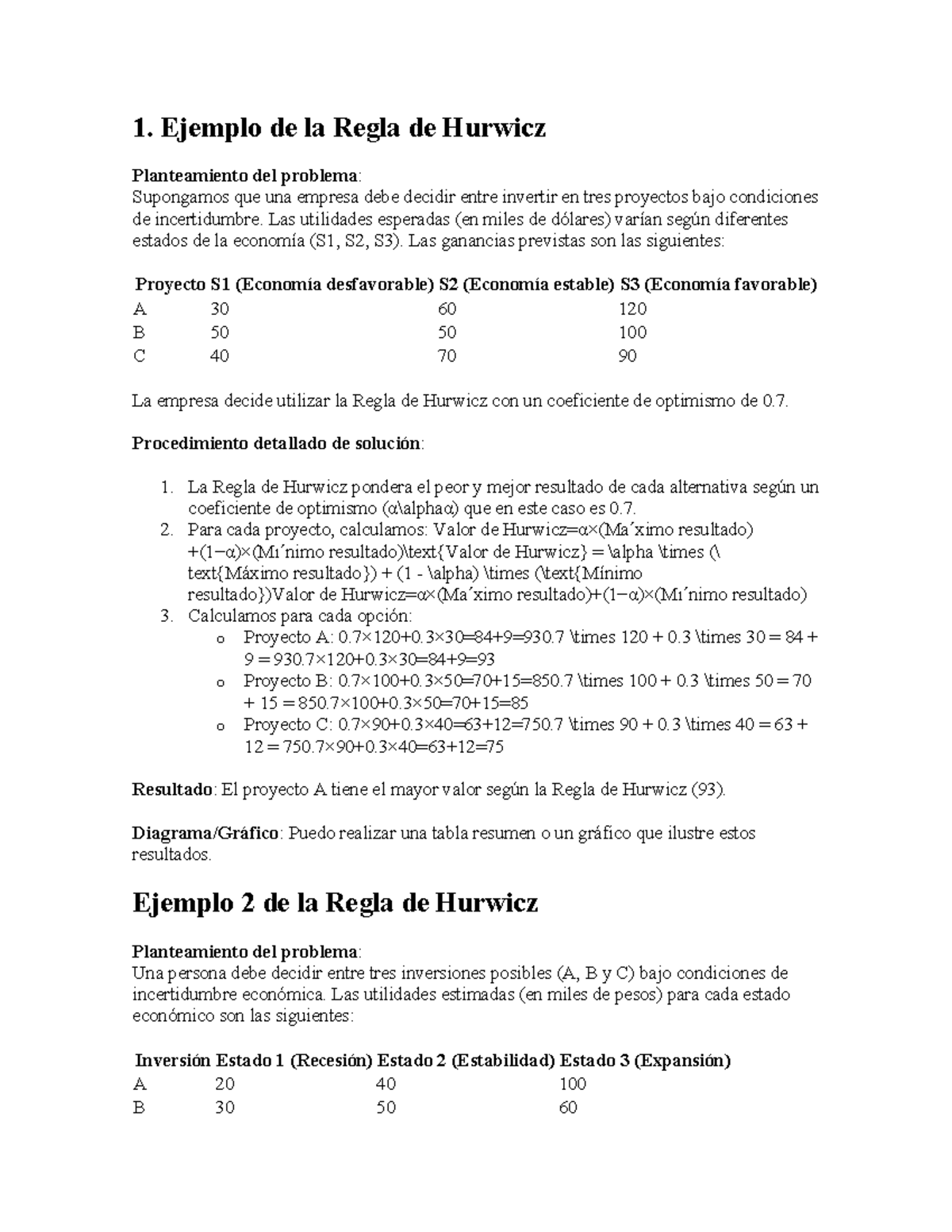 Ejemplos de la Regla de Hurwicz y Teorema de Bayes - Unidad 4 - Studocu