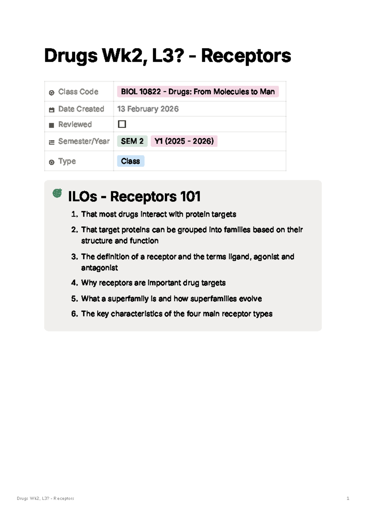 Drugs Lecture 3: Receptors Overview for BIOL 10822 - Studocu