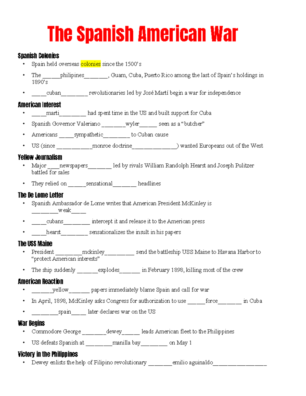 Spanish War Guided Notes (HIST 101) - Studocu