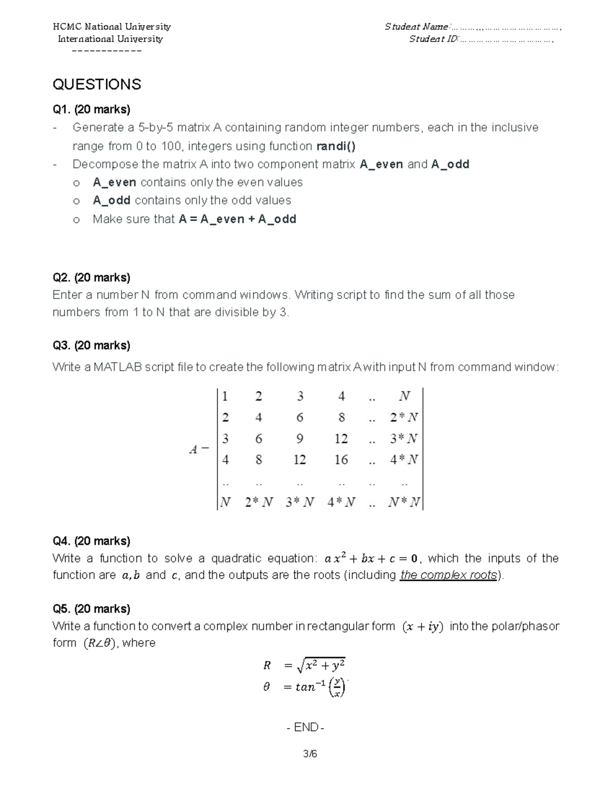 Mid-term Exam Review for MATLAB Programming Questions - Studocu