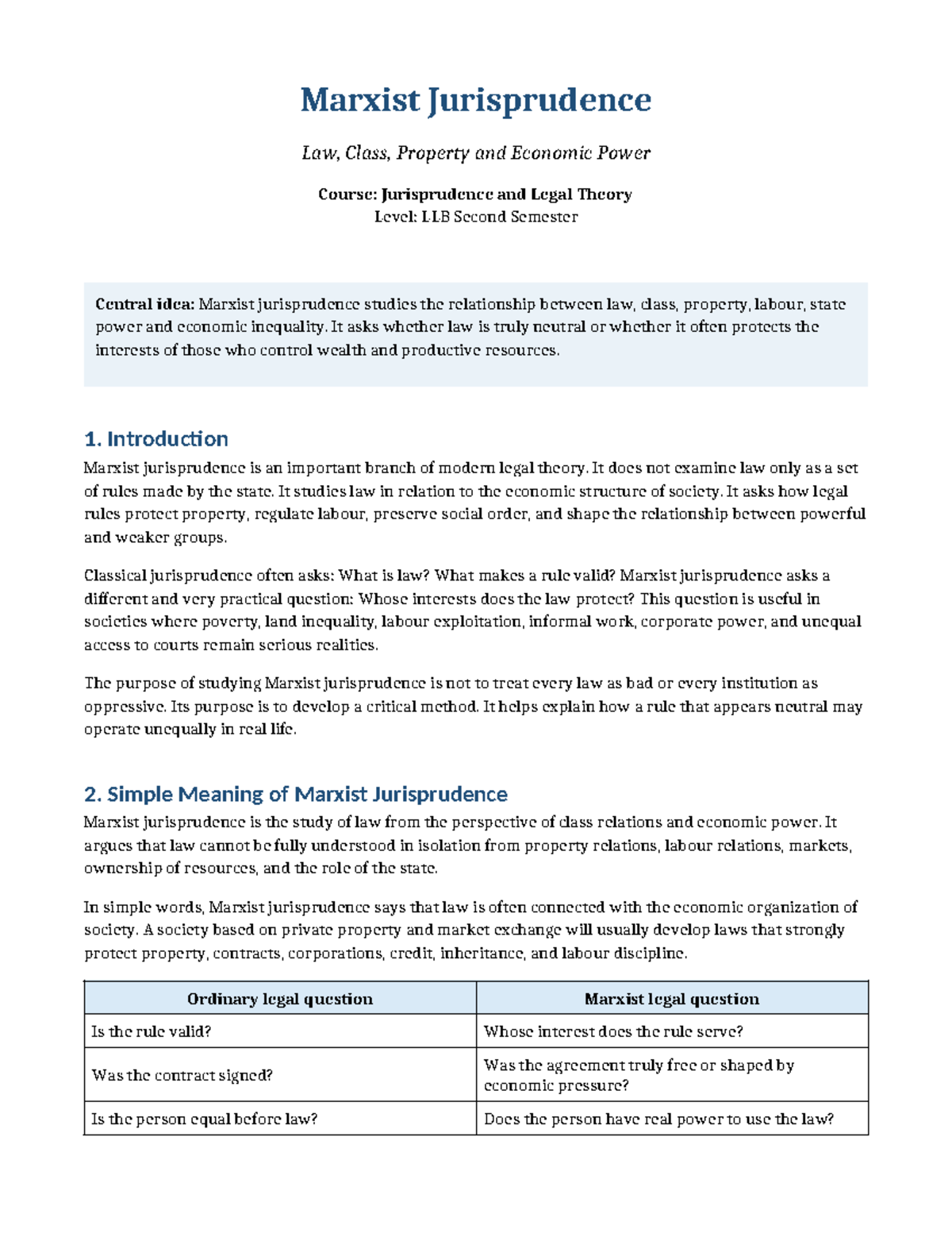 Marxist Jurisprudence: Law, Class, and Economic Power Notes - LLB 2nd ...