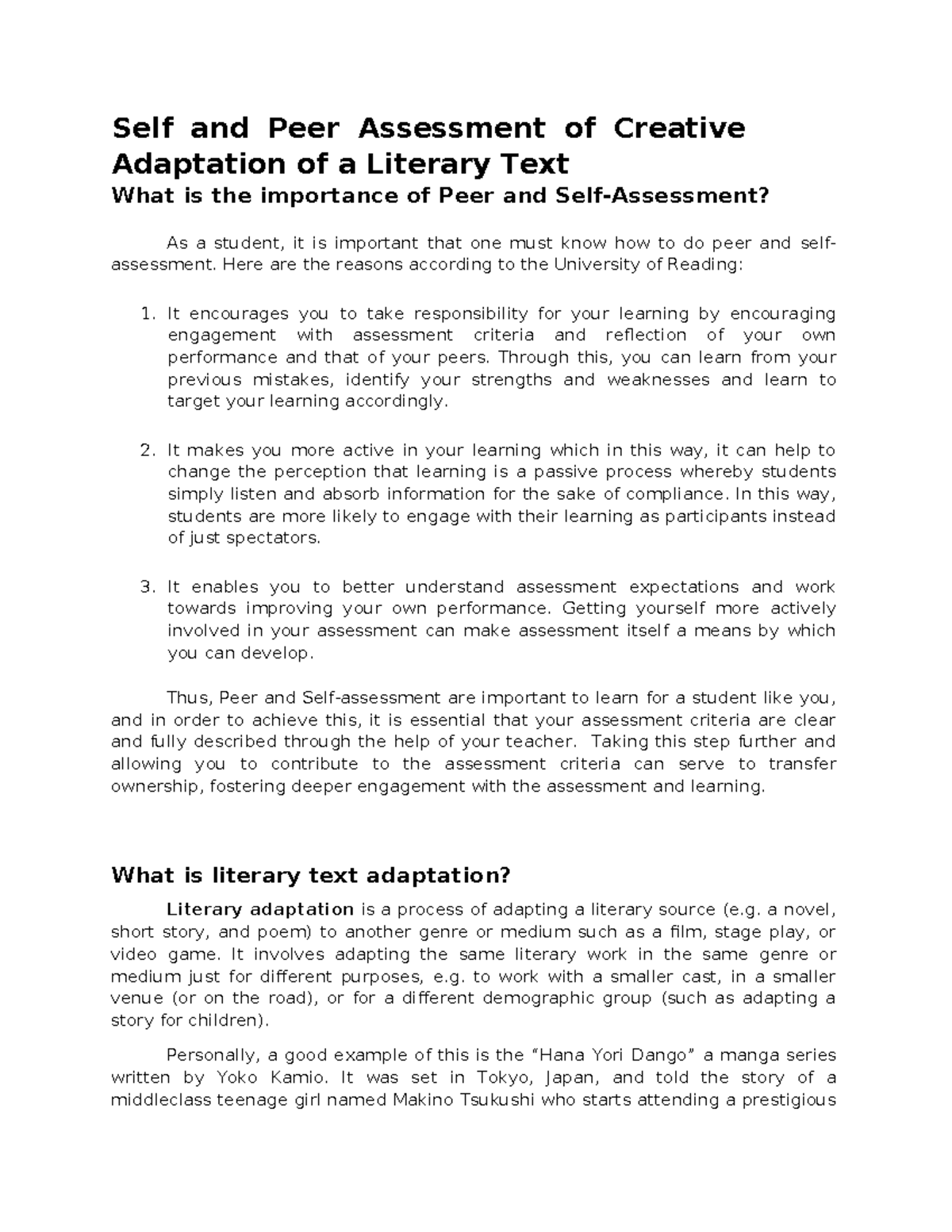 Lecture: Self & Peer Assessment on Creative Literary Adaptation - Studocu