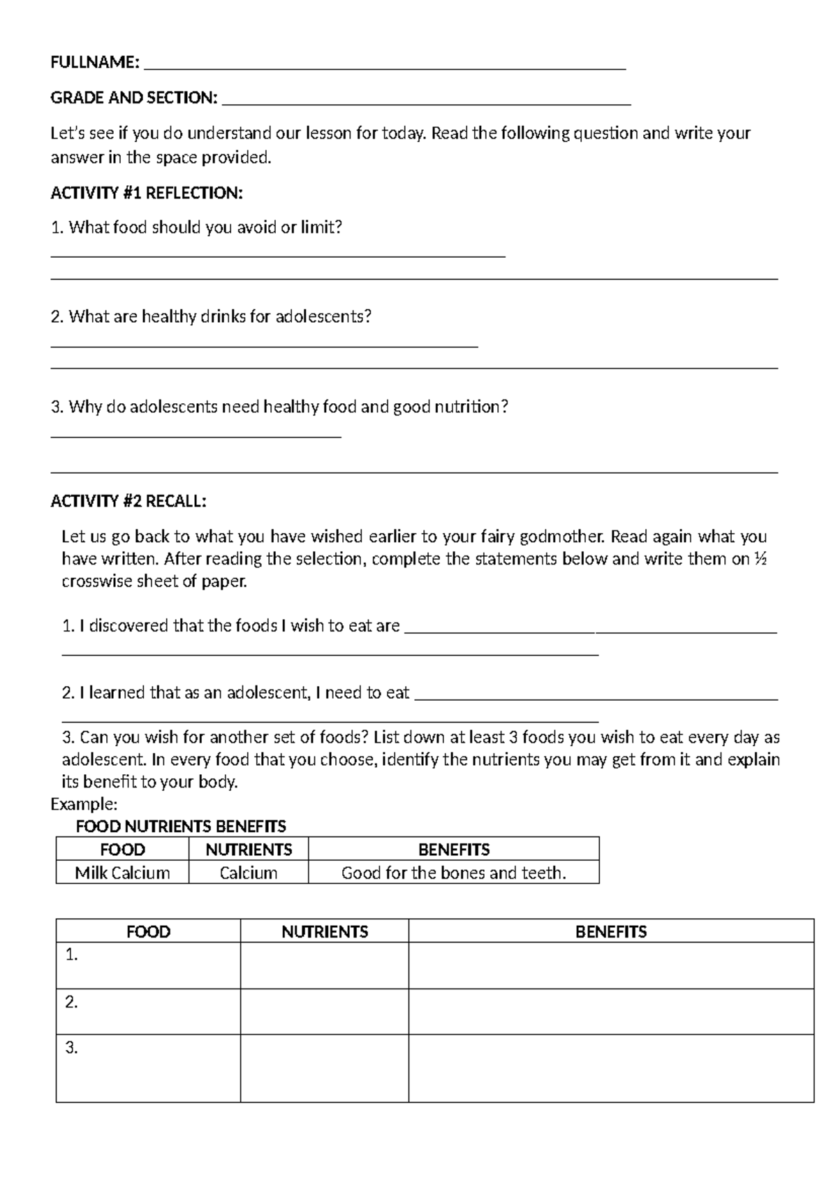 Nutrition Reflection Activity for Adolescents - Studocu