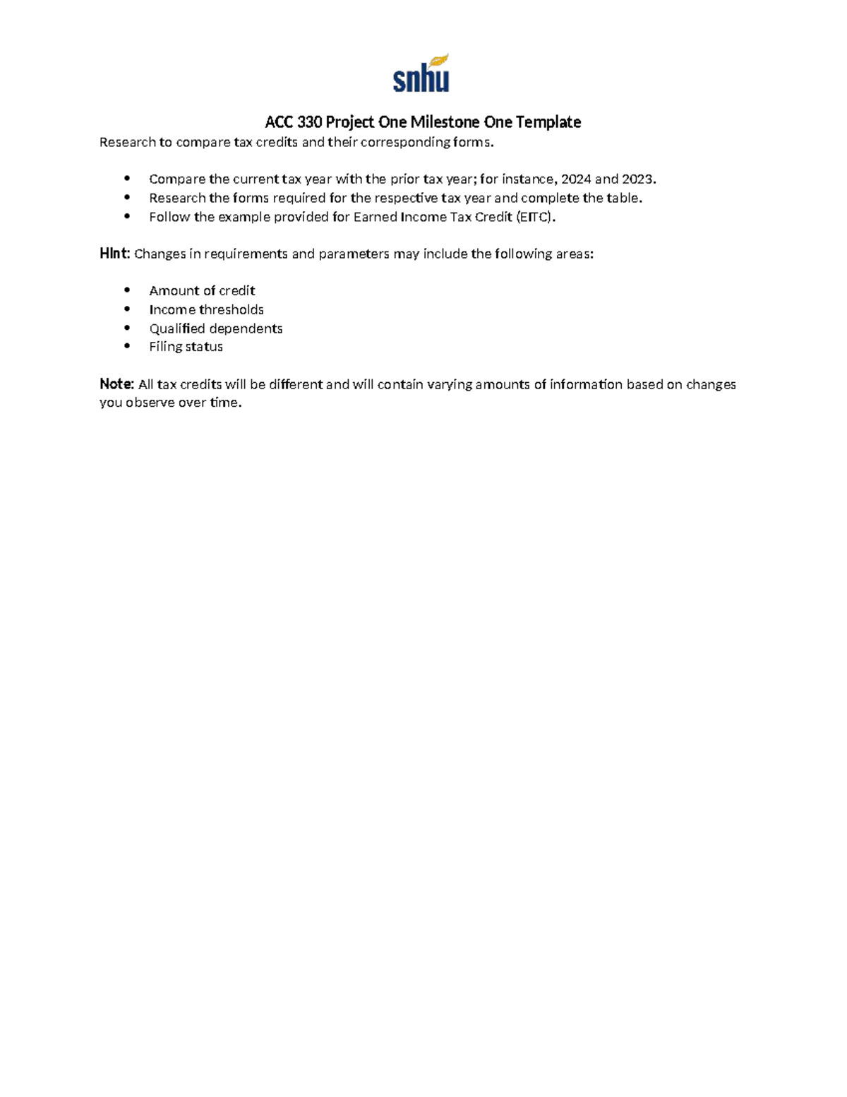 ACC 330 Project One Milestone One: Tax Credits Comparison 2023 vs 2024 ...