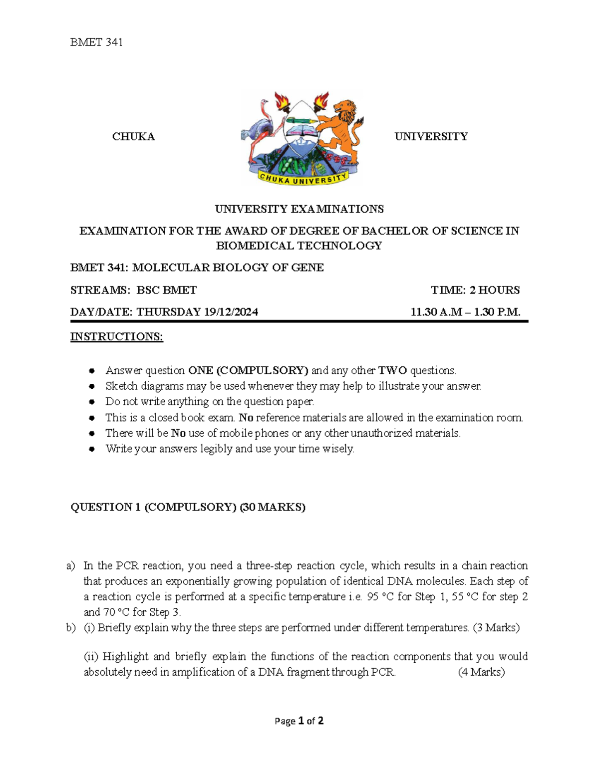 BMET 341: Molecular Biology Exam Paper - Chuka University - Studocu