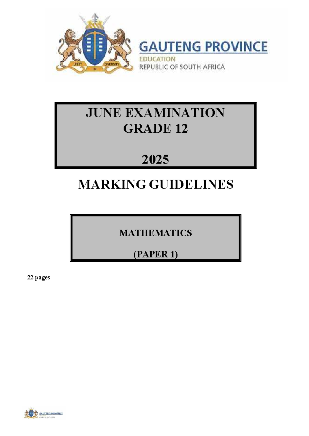 Official Gr 12 Mathematics P1 June 2025 Marking Guidelines - Studocu