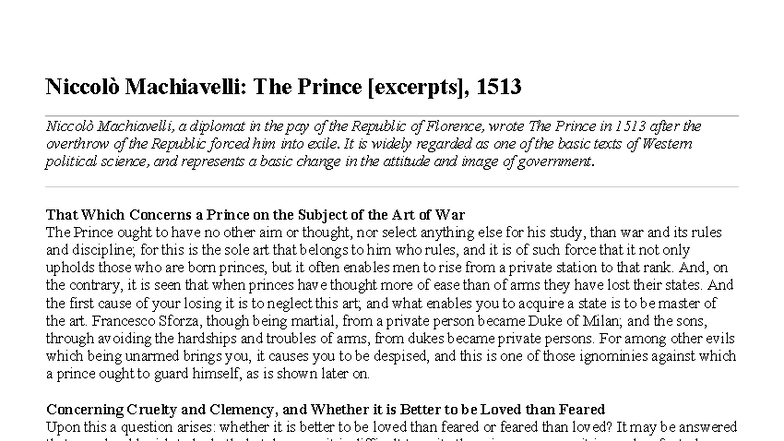 Machiavelli: The Prince Excerpts & Analysis (1513) - Studocu