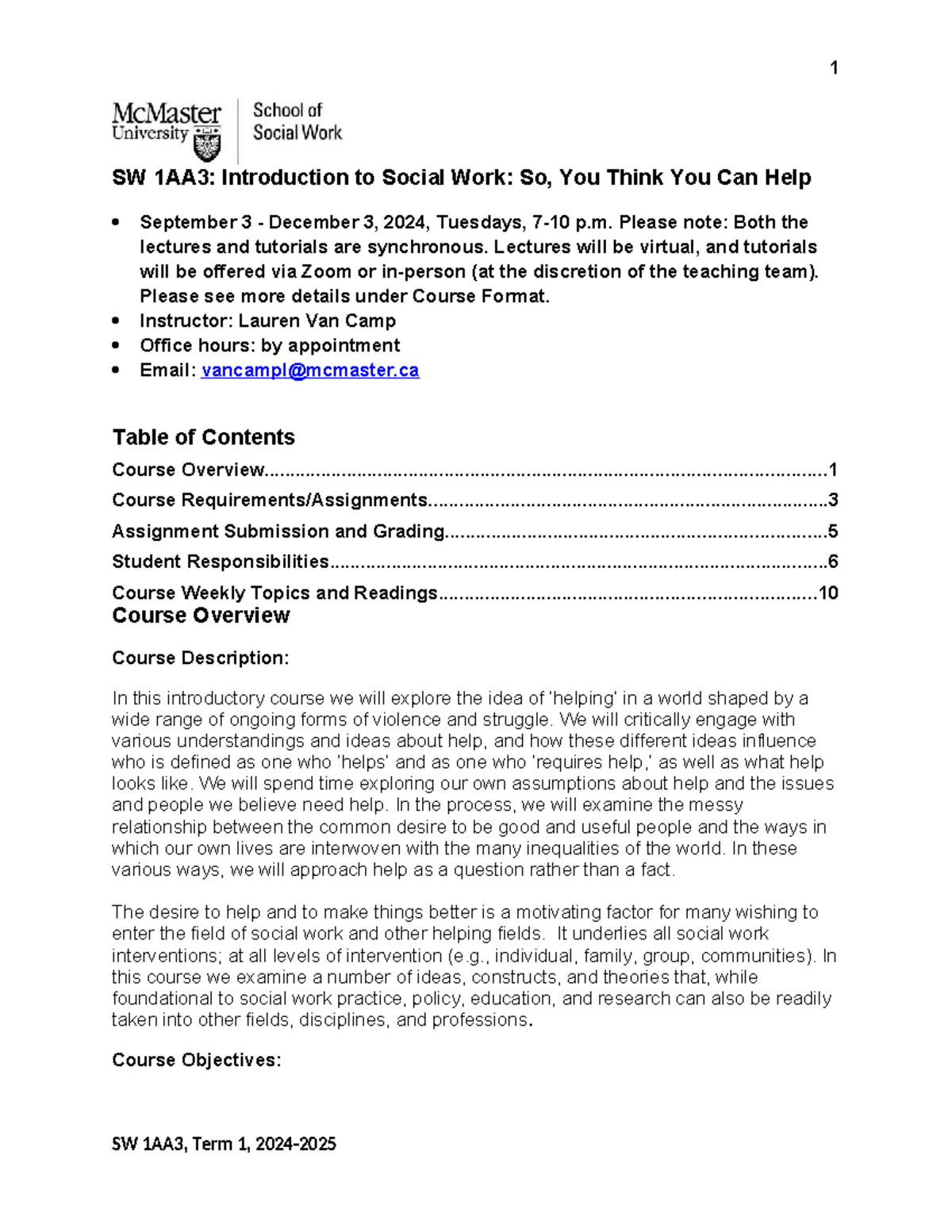 SW 1AA3: 2024 Course Outline for Introduction to Social Work - Studocu