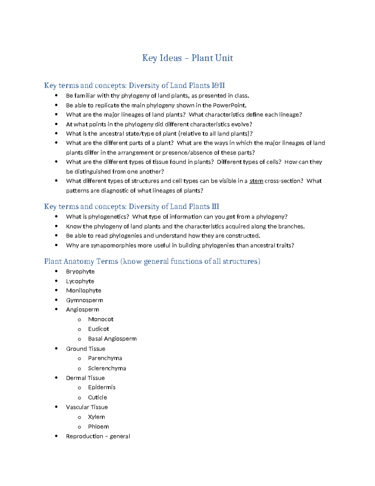 Plant Unit Key Ideas: Diversity of Land Plants and Phylogeny - Studocu