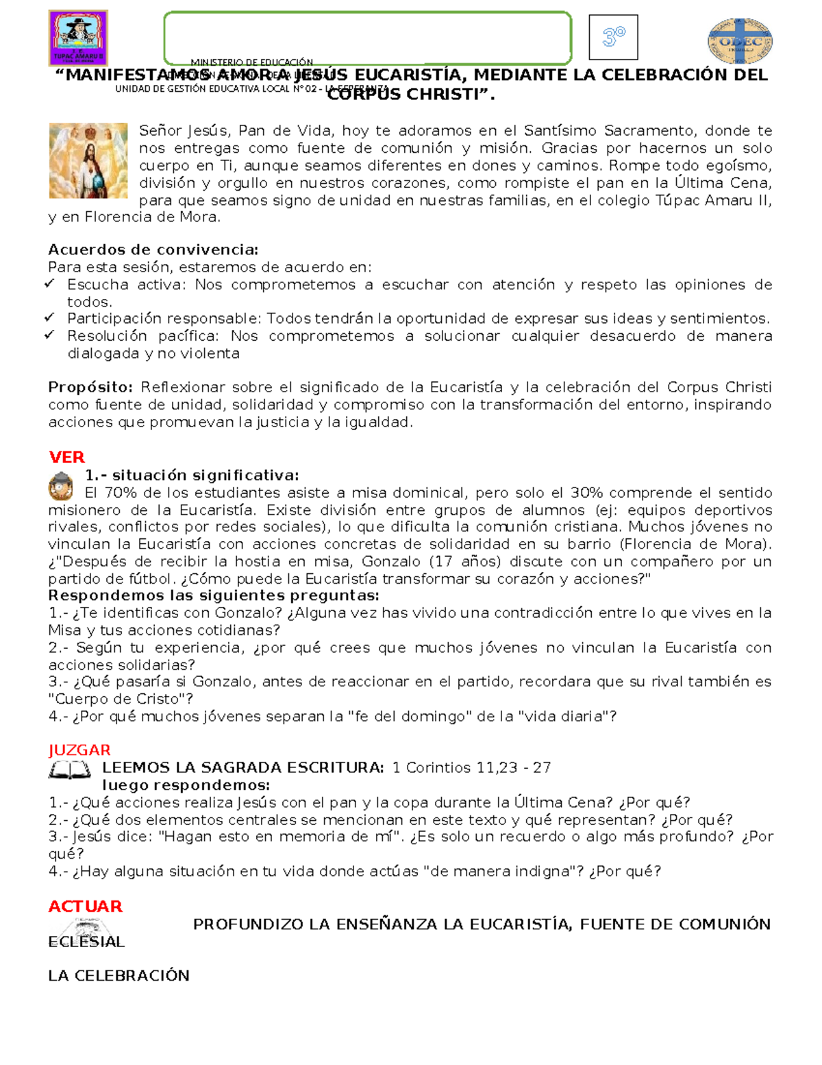 Manifestamos Amor a Jesús Eucaristía: Celebración del Corpus Christi 3° Grado - Studocu